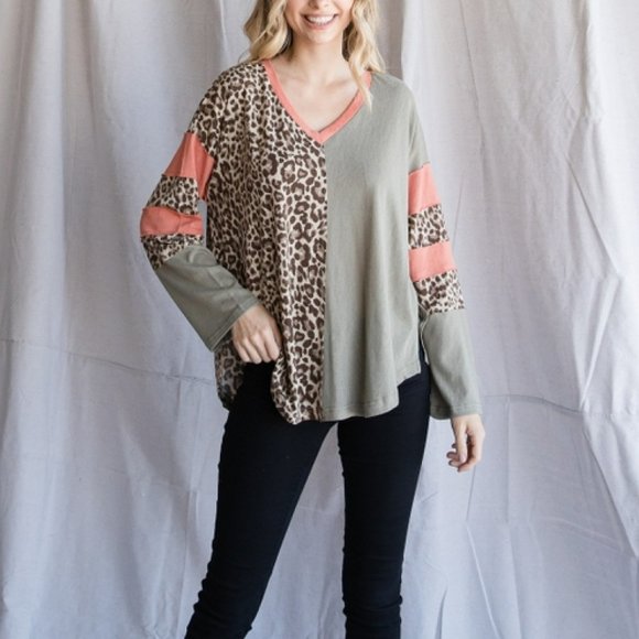 JODIFL | Tops | Nwt Jodifl Olive Leopard Print Color Block Top | Poshmark